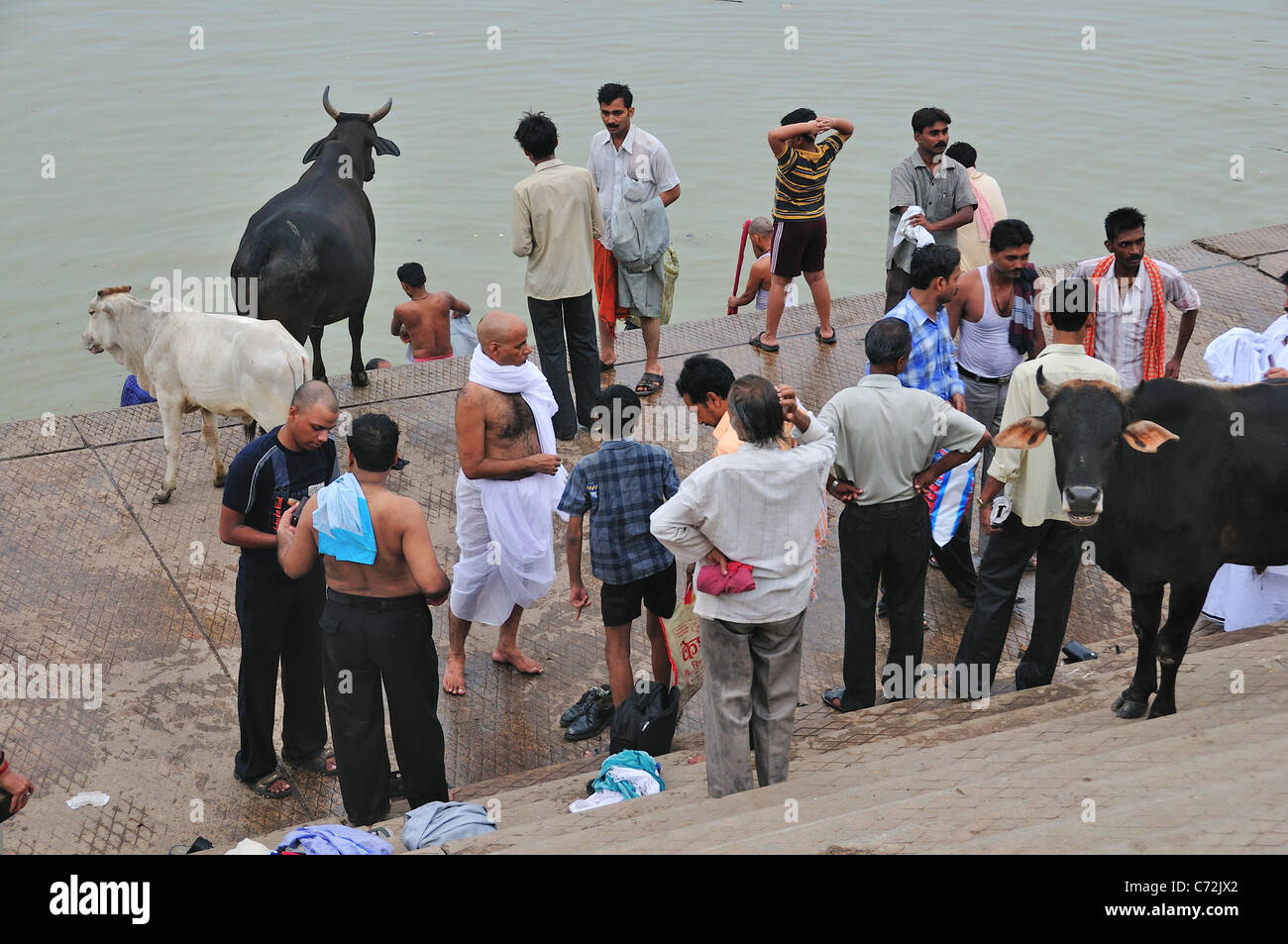 View of daily life at the ghat by the Ganges river Stock Photo - Alamy