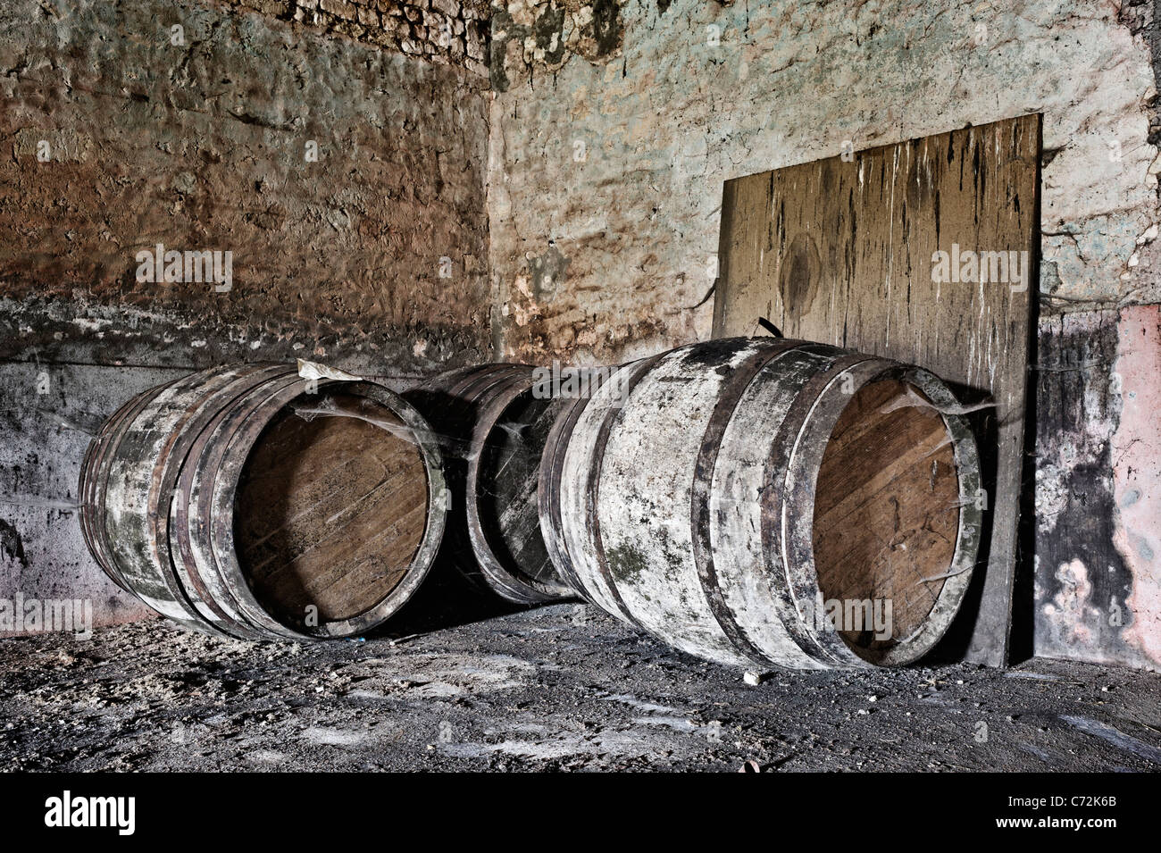 Old oak casks used for the aging of cognac, Charente departement ...