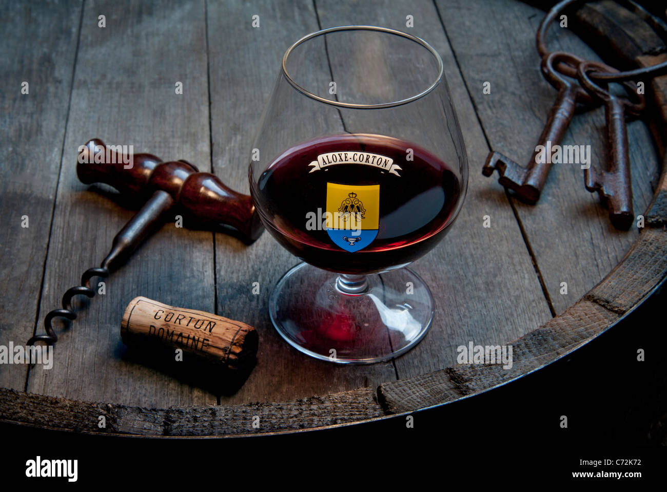 ALOXE CORTON French Burgundy wine tasting situation in cellar with ...