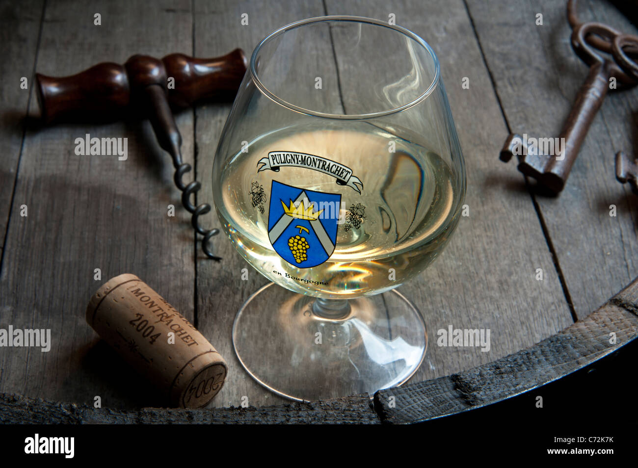 PULIGNY MONTRACHET French wine tasting situation in cellar with glass ...