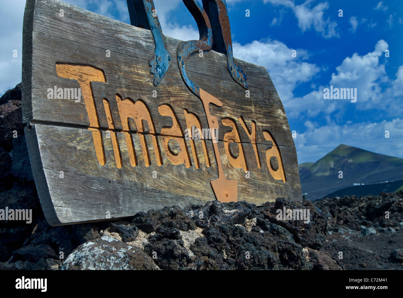 TIMANFAYA Sign at entrance to Timanfaya National Park Lanzarote Canary ...