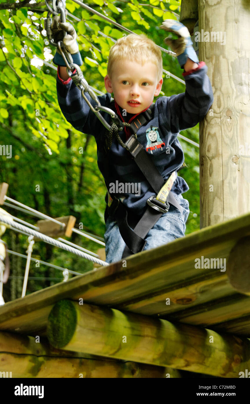 A young boy on an adventure ropes course Stock Photo - Alamy