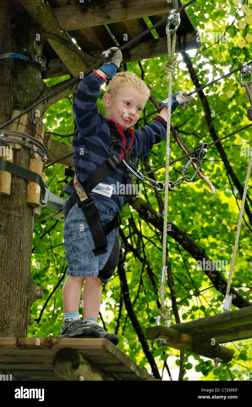 A young boy on an adventure ropes course Stock Photo - Alamy