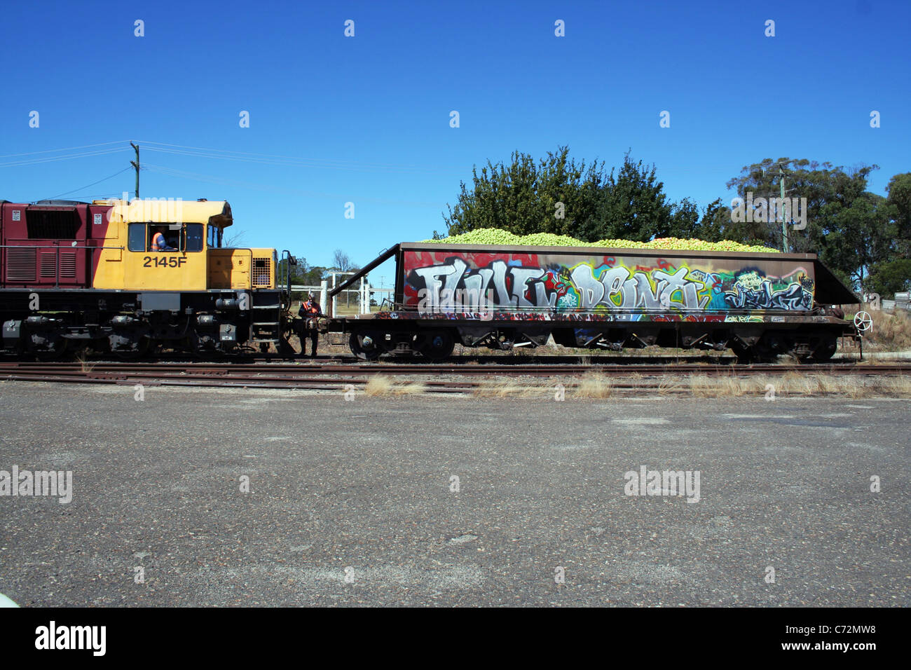 Train carriage loaded with apples in Stanthorpe, NSW, Australia Stock ...