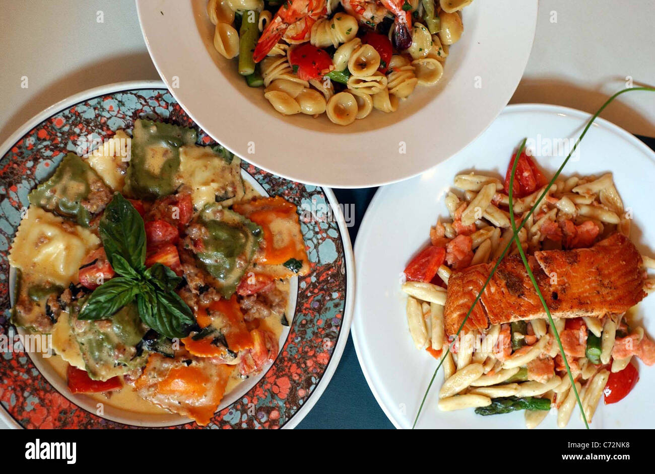Fine Italian food dishes, including seafood and pasta dishes Stock ...