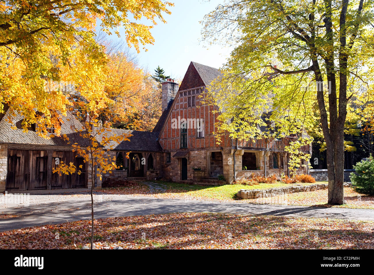 Jordan Pond Gatehouse surrounded by autumn foliage, Mount Desert Island ...