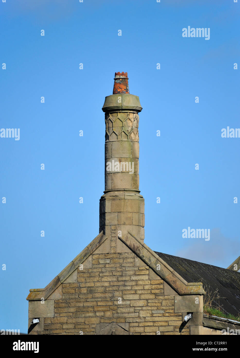 Ornate stone chimney stack. Warton Road, Carnforth, Lancashire, England ...