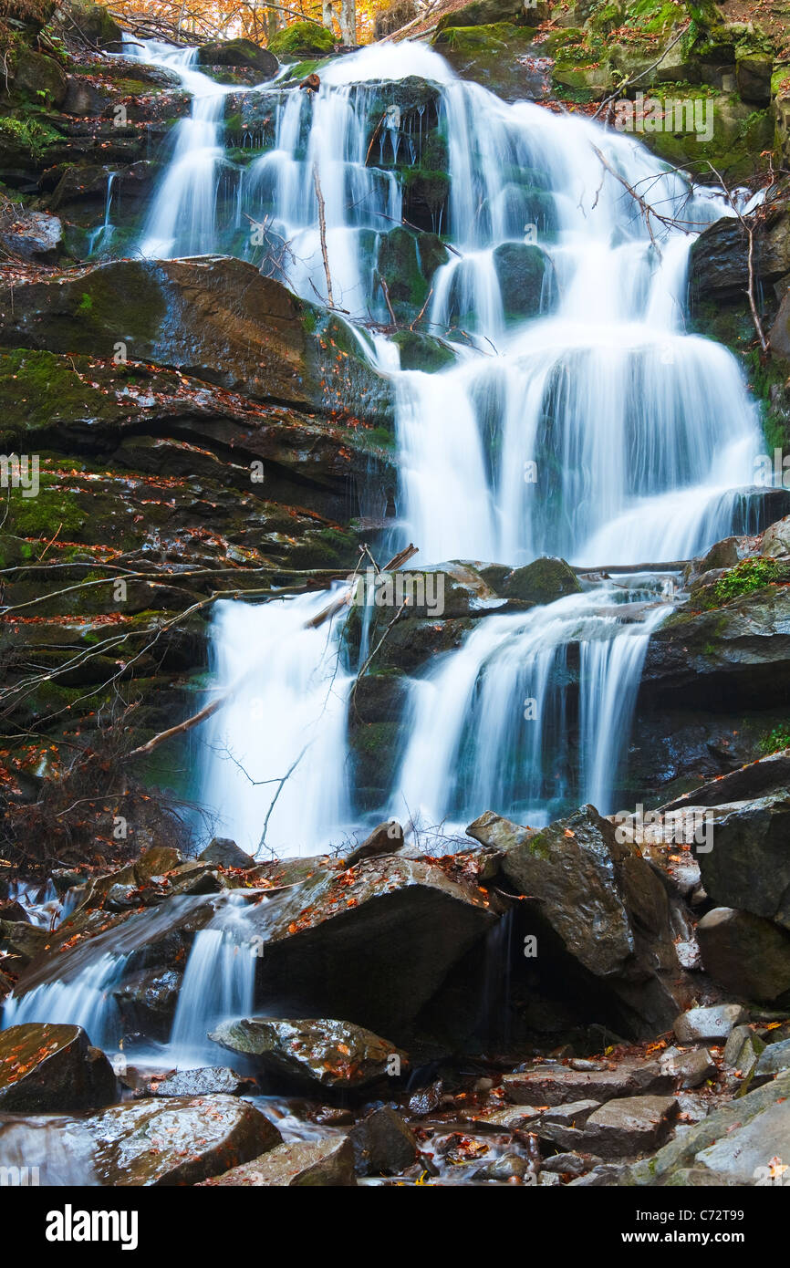 Waterfalls on Rocky Stream, Running Through Autumn Mountain Forest ...