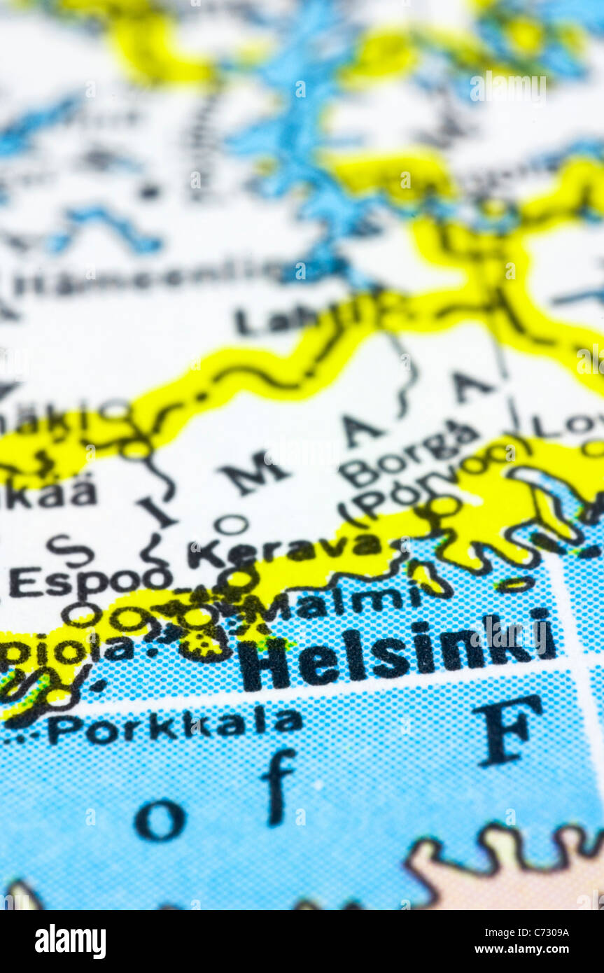 a close up shot of Helsinki, capital of Finland on map Stock Photo - Alamy