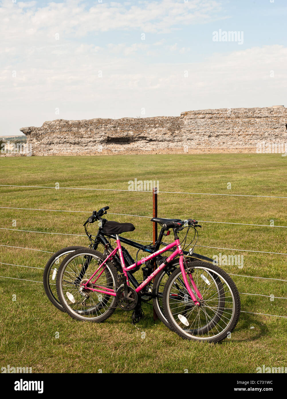 Two bicycles leaning against a fence Stock Photo - Alamy