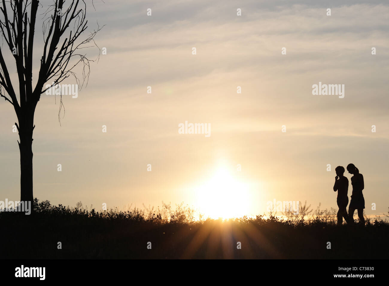 Two girls on the background of the sunset sky Stock Photo - Alamy