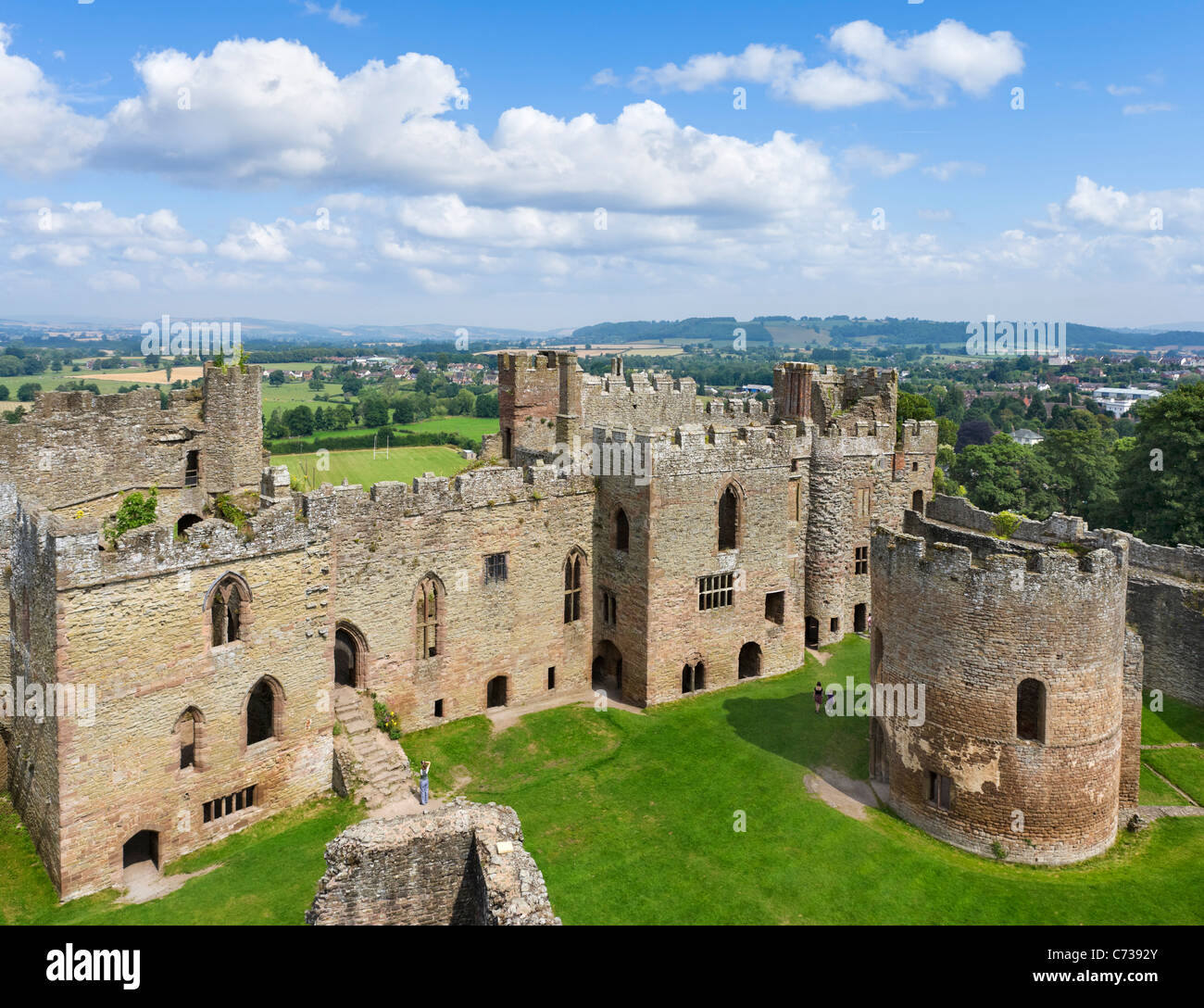 Ruins of Ludlow Castle and a view out over the Shropshire countryside ...