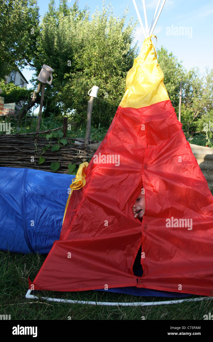 little boy in camping tent in garden Stock Photo - Alamy