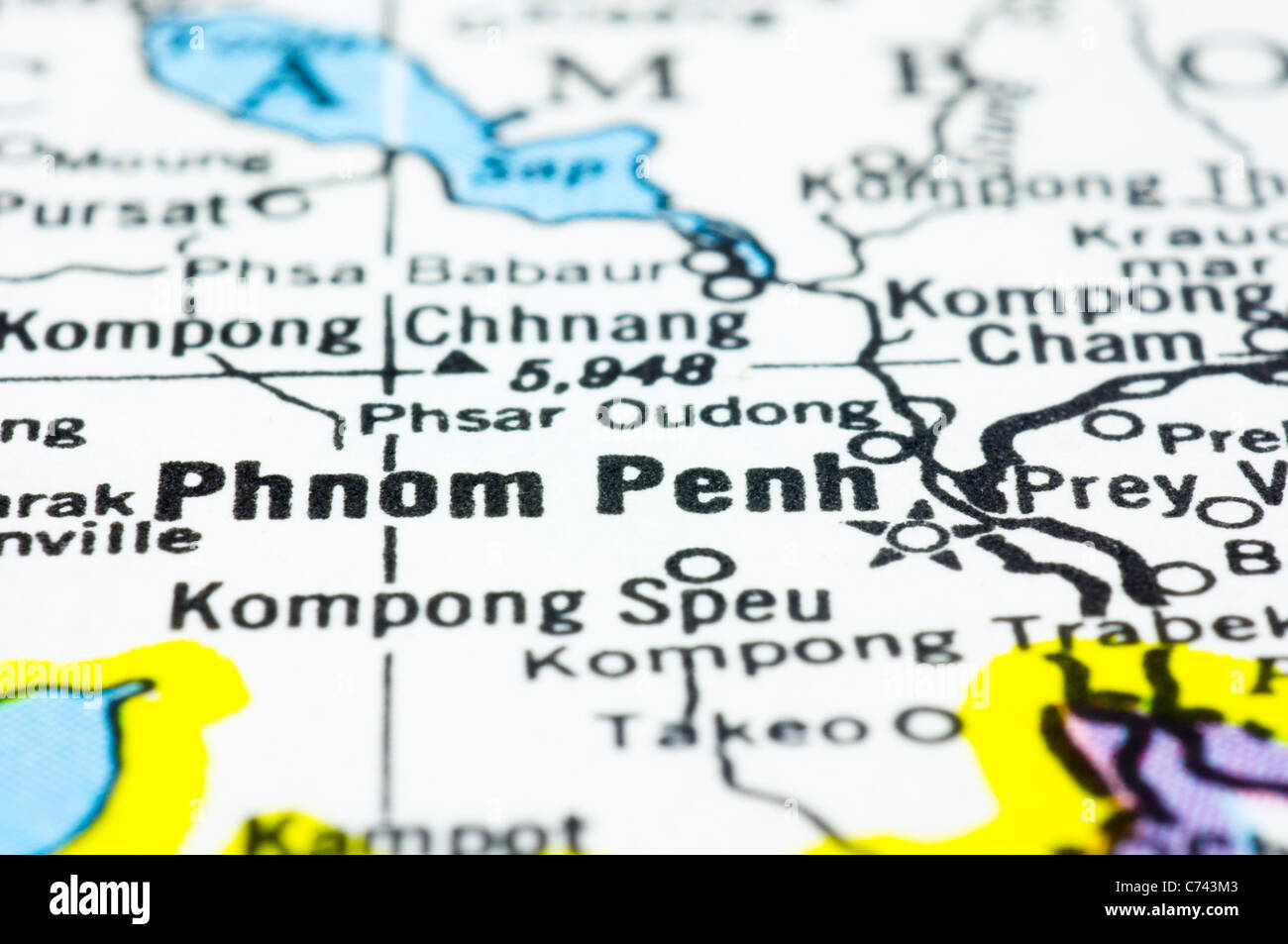a close up shot of Phnom Penh on map, capital of Cambodia Stock Photo ...