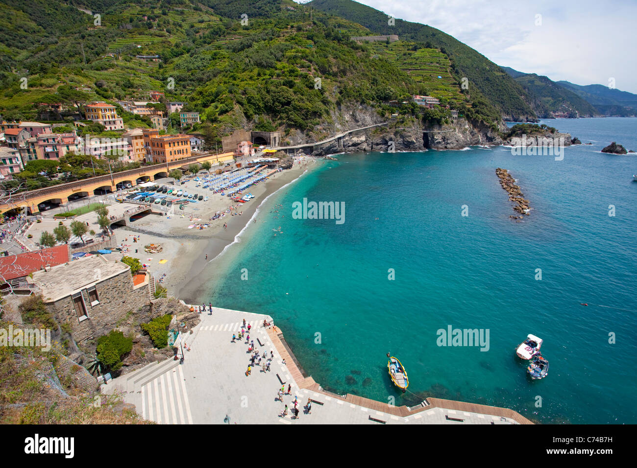 Beach and village, fishing village, Monterosso al Mare, Cinque Terre ...