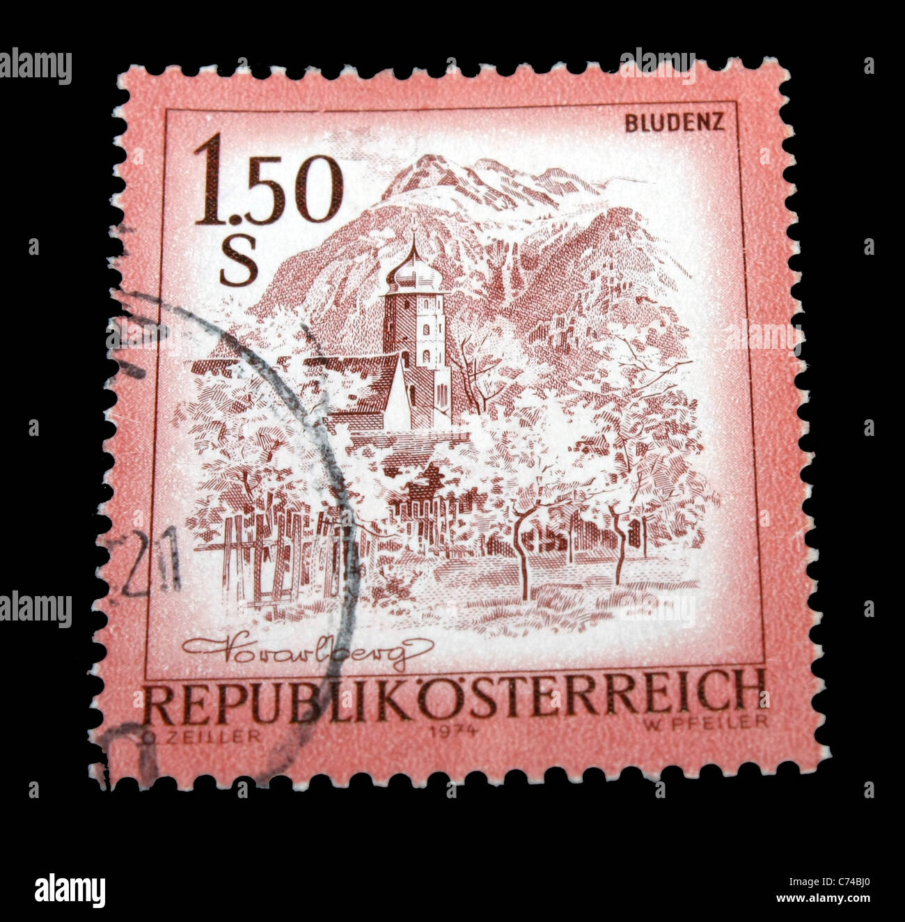 Republic of Austria Postage Stamp close up in black background Stock ...