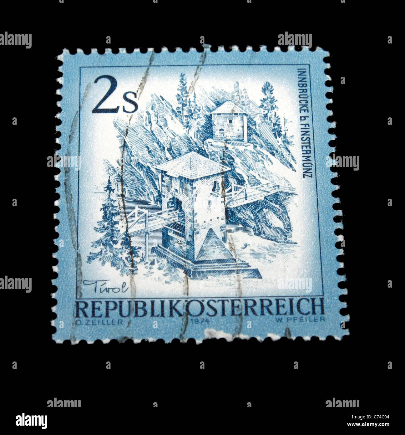 Republic of Austria Postage Stamp close up in black background Stock ...