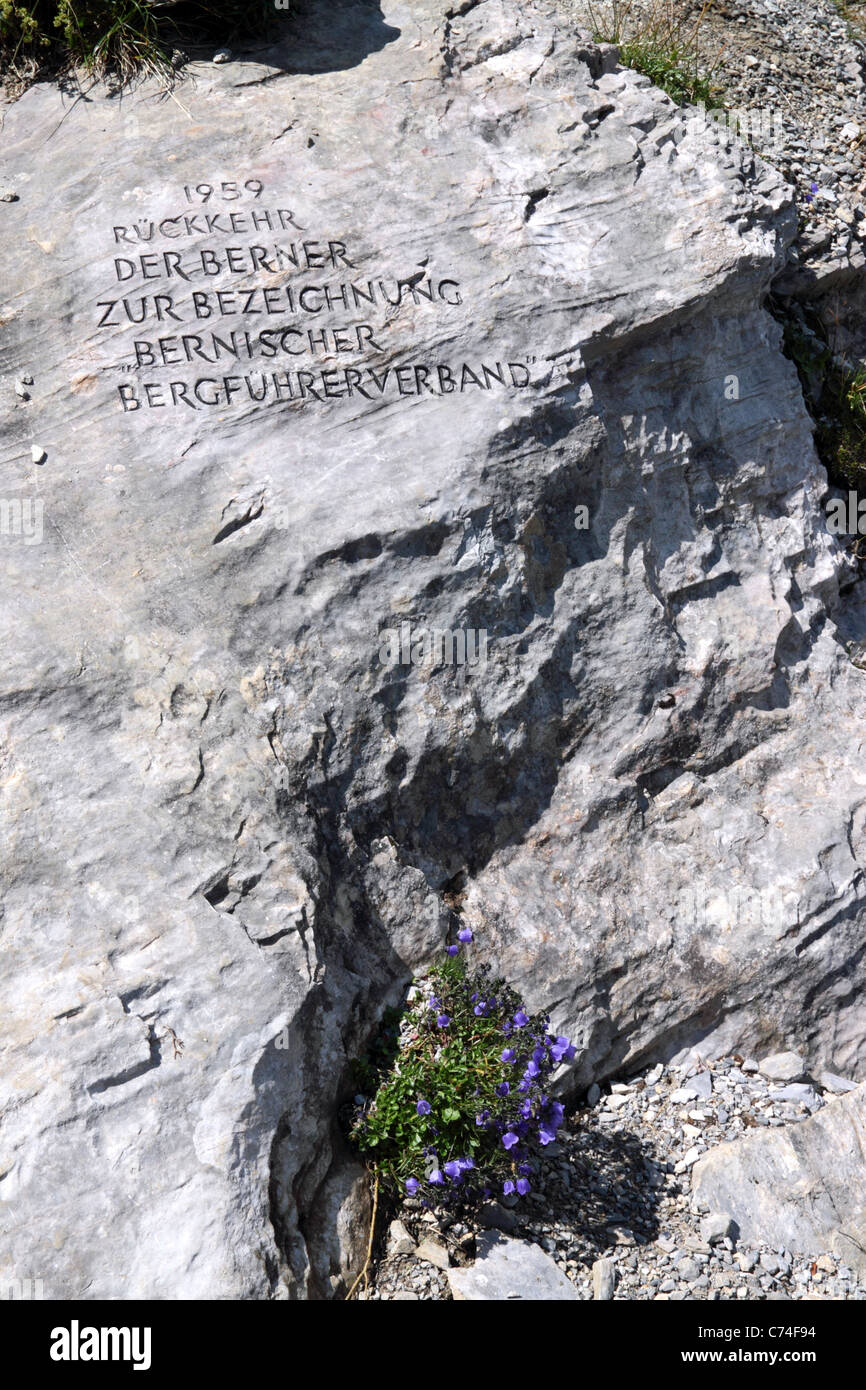 Inscribed stone beside the Eiger Trail, Alpiglen, Switzerland Stock ...