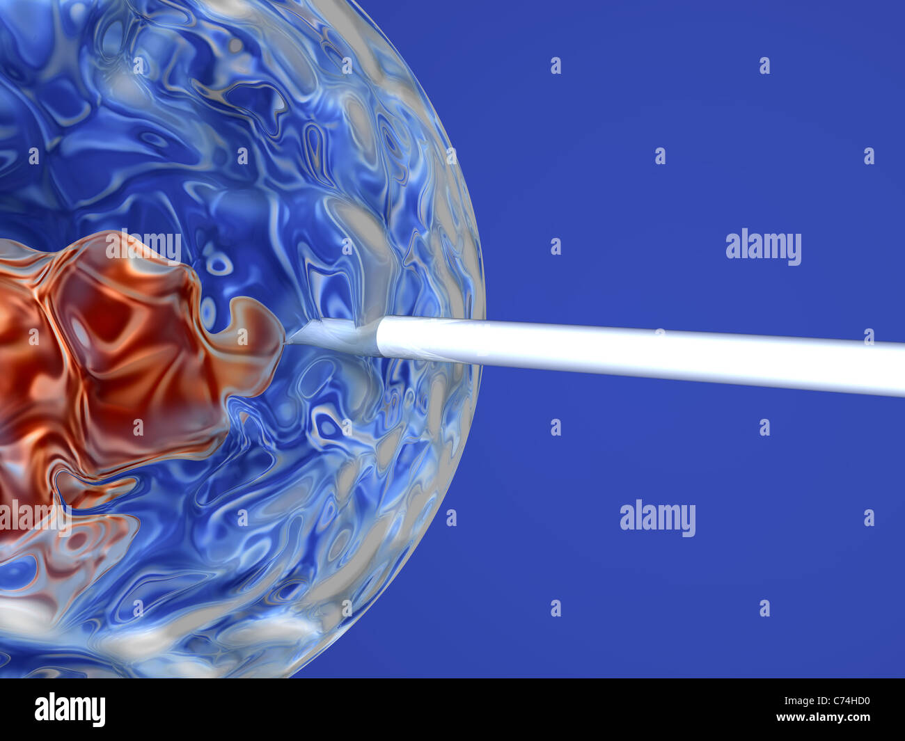 A Needle penetrating a stem cell and injecting manipulated DNA code ...