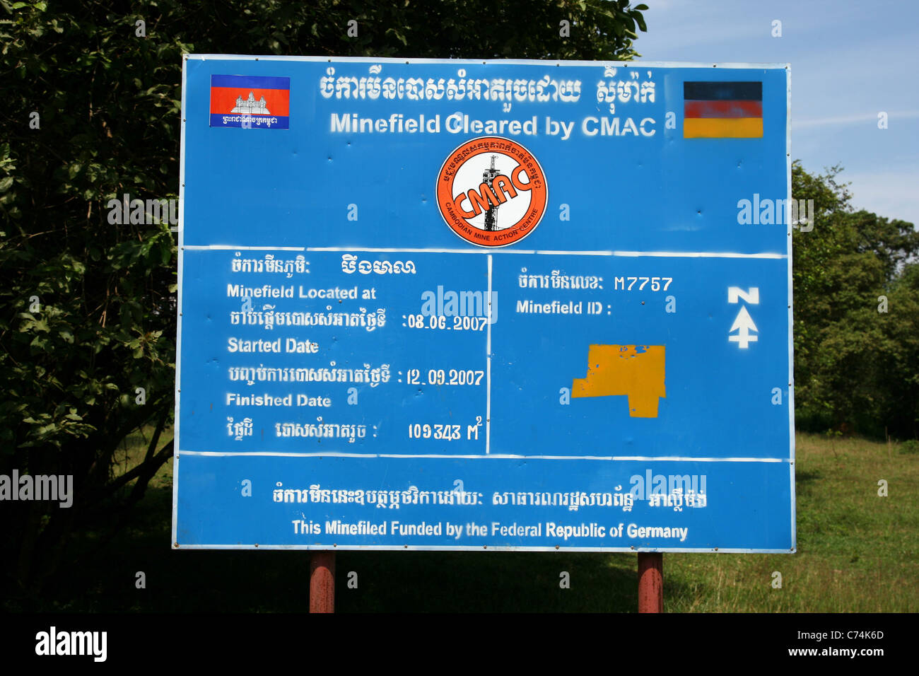 Sign of minefield clearance by CMAC in Cambodia Stock Photo - Alamy