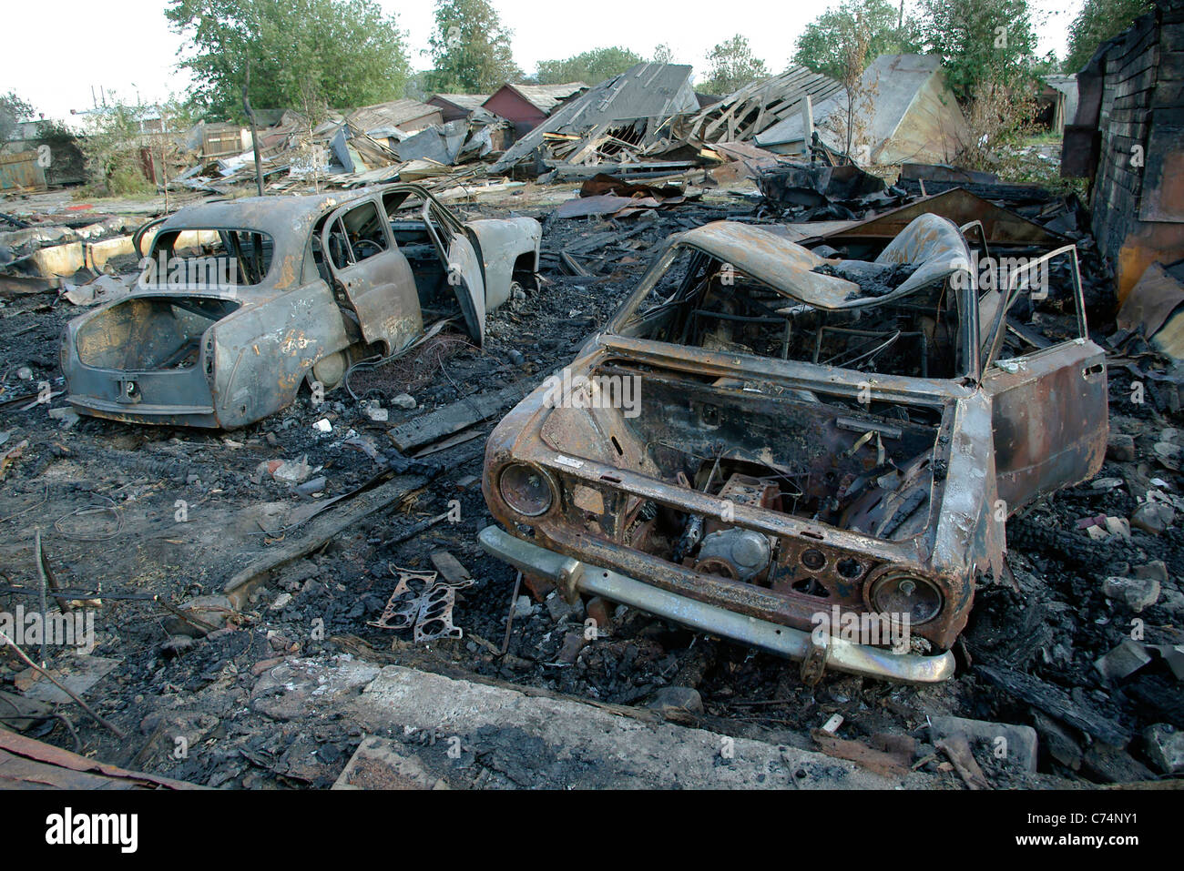 Russia. Saint-Petersburg. Demolished garage. Burned cars Stock Photo ...