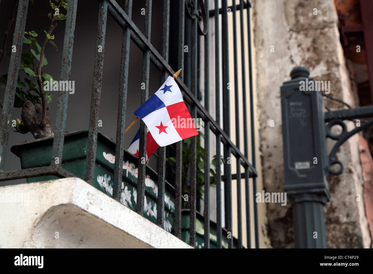 Casco Antiguo of Panama City, Panama. Small Panamanian flags on a ...