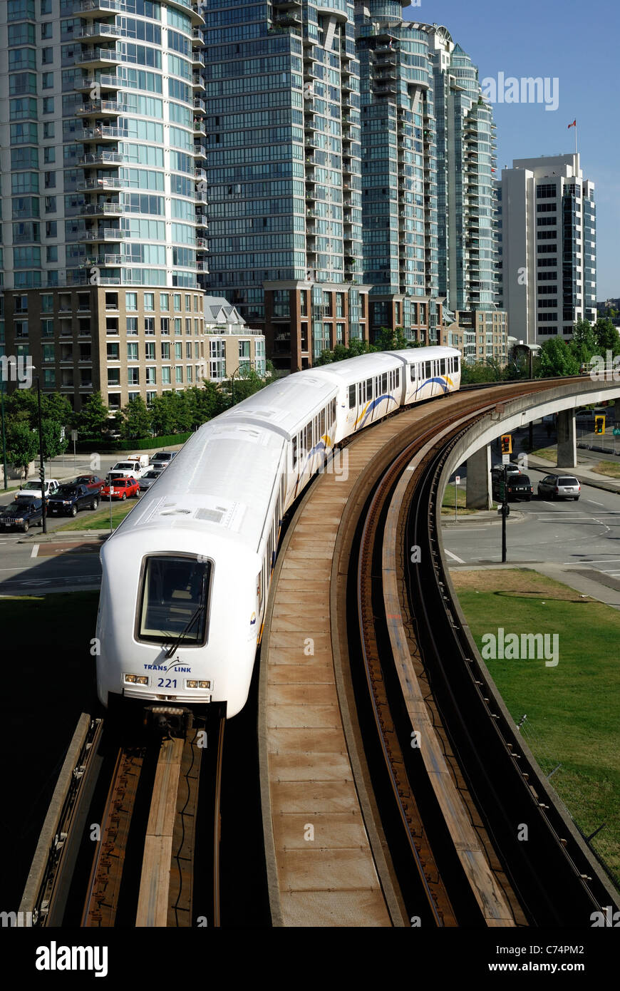 Skytrain on a rail trestle is an unmanned commuter train and is a part ...