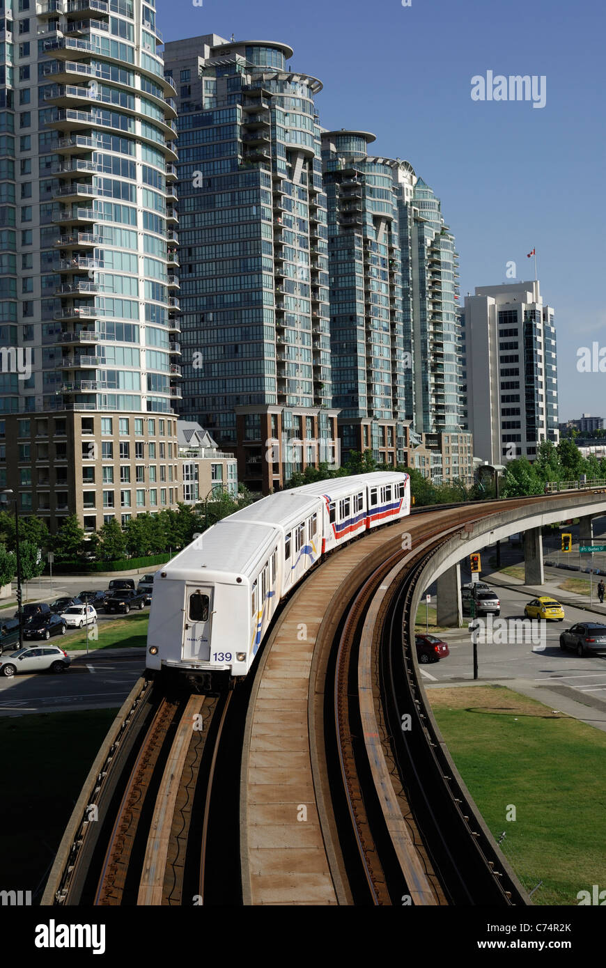 Skytrain on a rail trestle is an unmanned commuter train and is a part ...