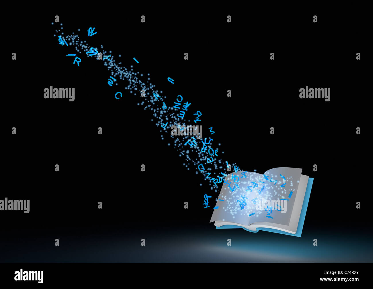 render of a single floating book with a stream of letters Stock Photo ...