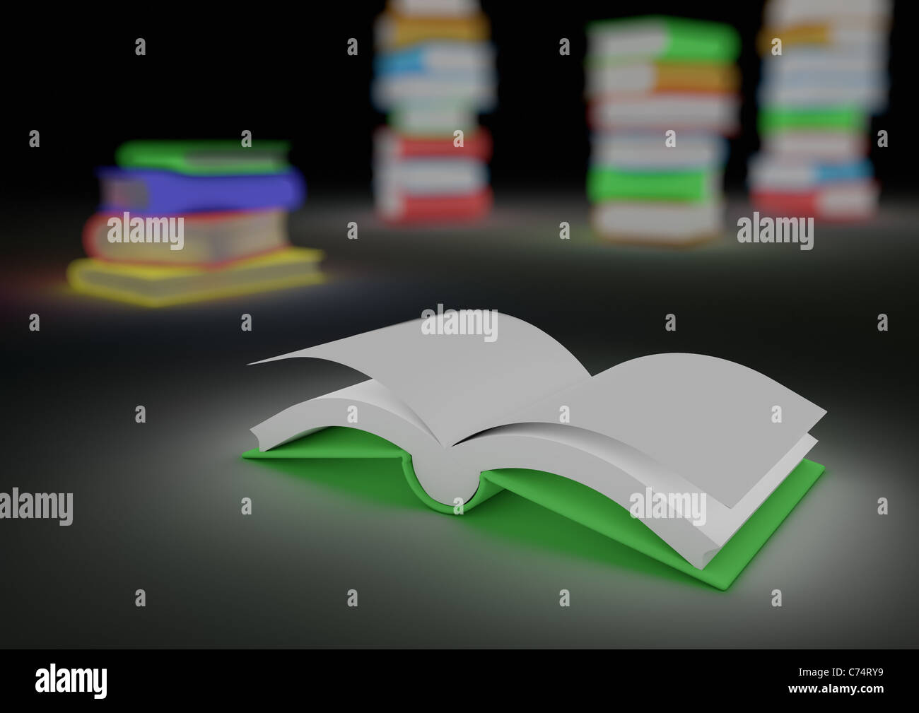 render of an open book in the foreground and stacks of books in the ...