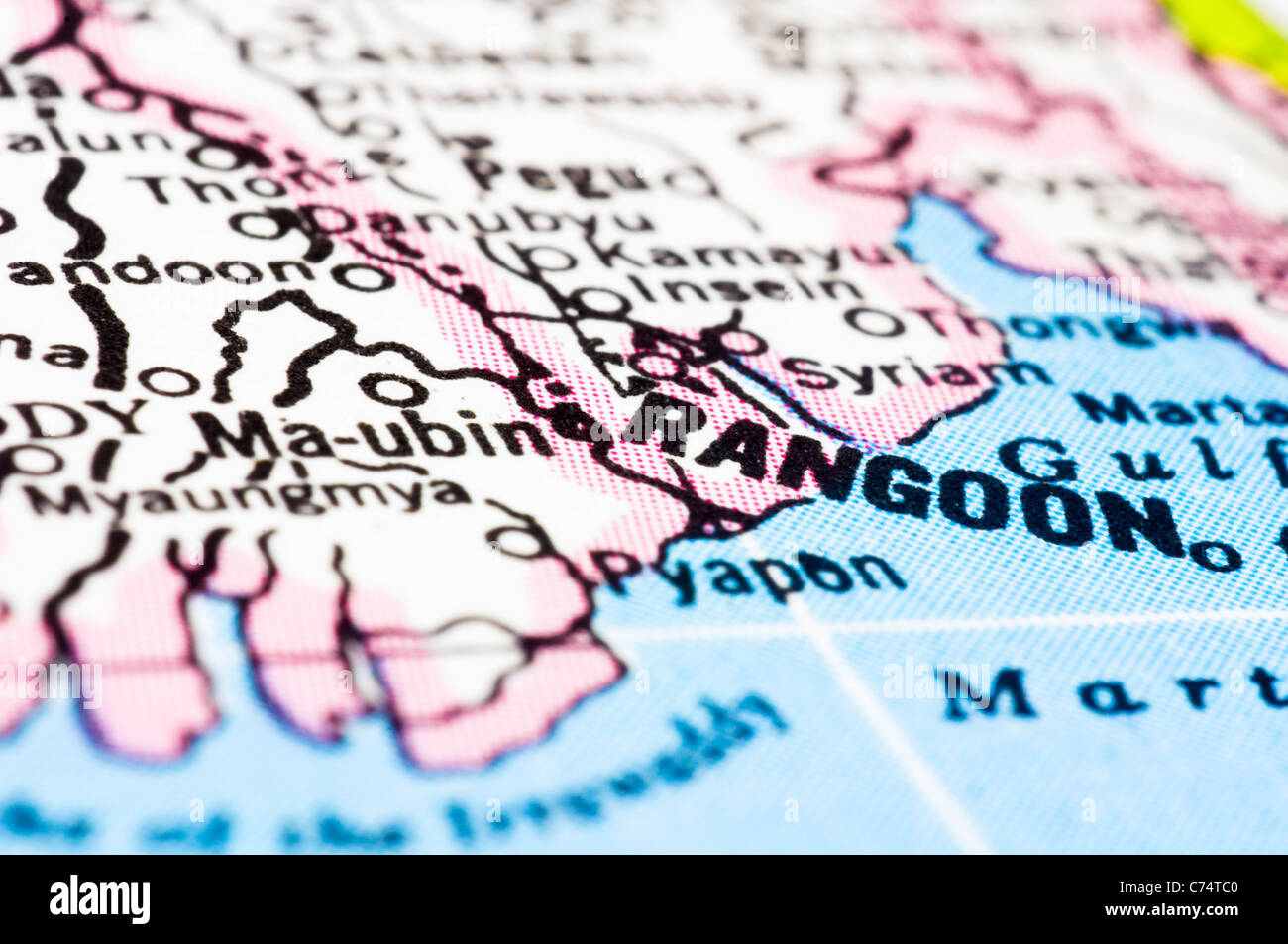 a close up shot of Rangoon or Yangon on map, former capital of Myanmar ...