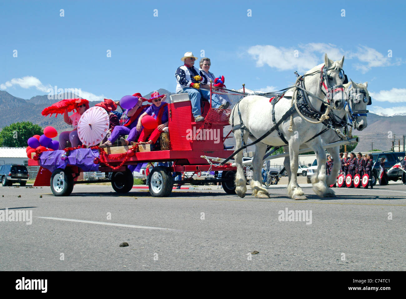 USA, California, Bishop 37th Mule Days, Parade, Horse drawn vehicle ...