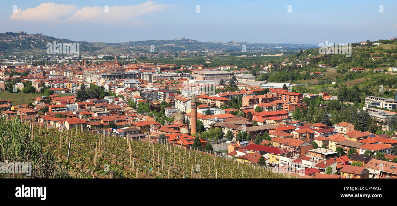 Panoramic view on Alba - town among hills of Piedmont, northern Italy ...