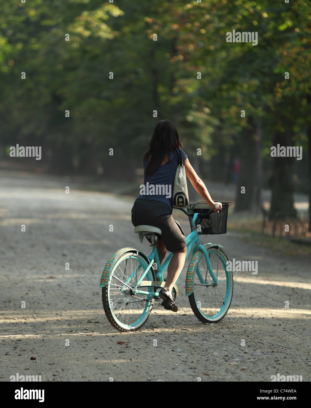 Young woman riding a bicycle in a park in the morning Stock Photo - Alamy