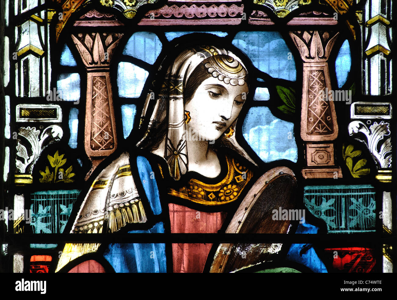 Stained glass in St. Helen`s Church, Sharnford, Leicestershire, England ...