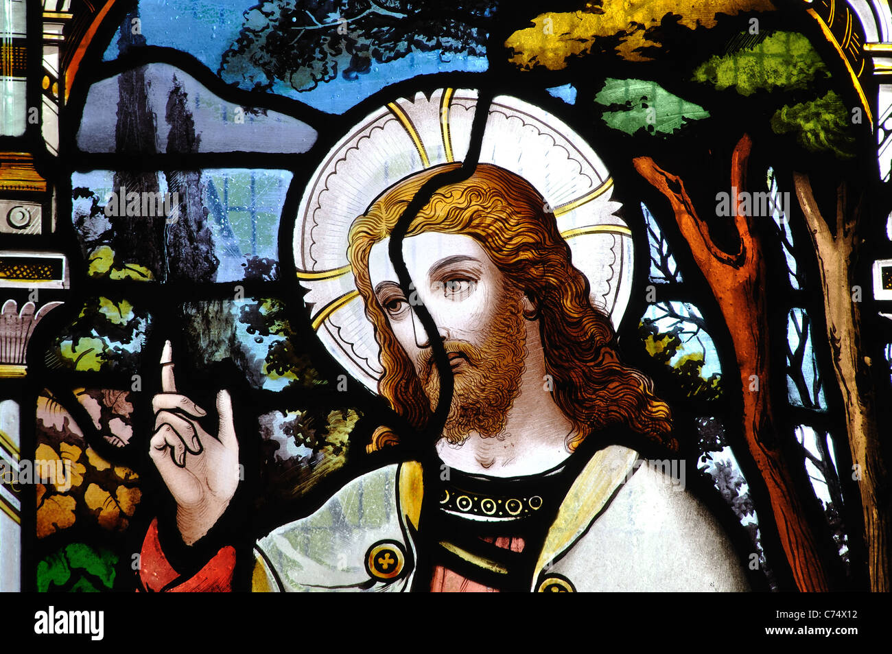 Repaired stained glass, St. Helen`s Church, Sharnford, Leicestershire ...