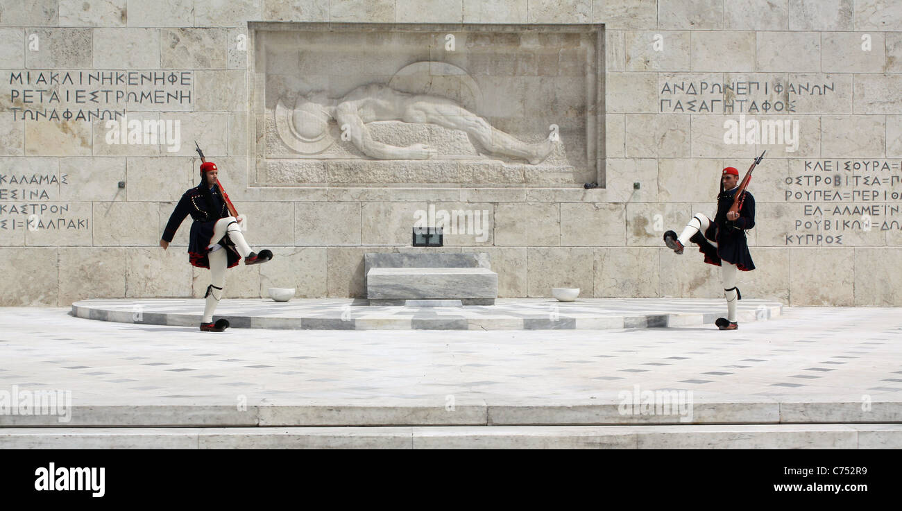 Evzones (palace ceremonial guards) guarding the Tomb of the Unknown Soldier, Constitution Square ...