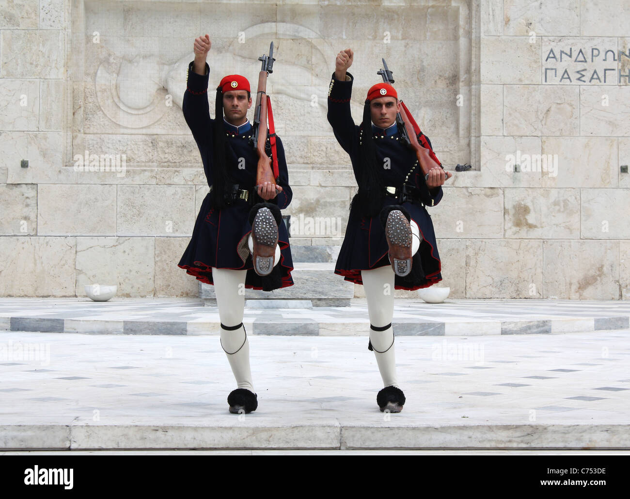 Evzones (palace ceremonial guards) guarding the Tomb of the Unknown ...