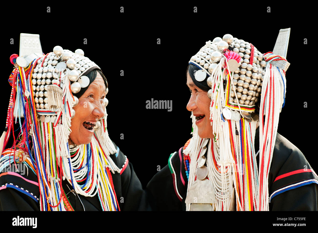 Portrait of two Akha hill tribe women in Chiang Rai, Thailand, Asia ...