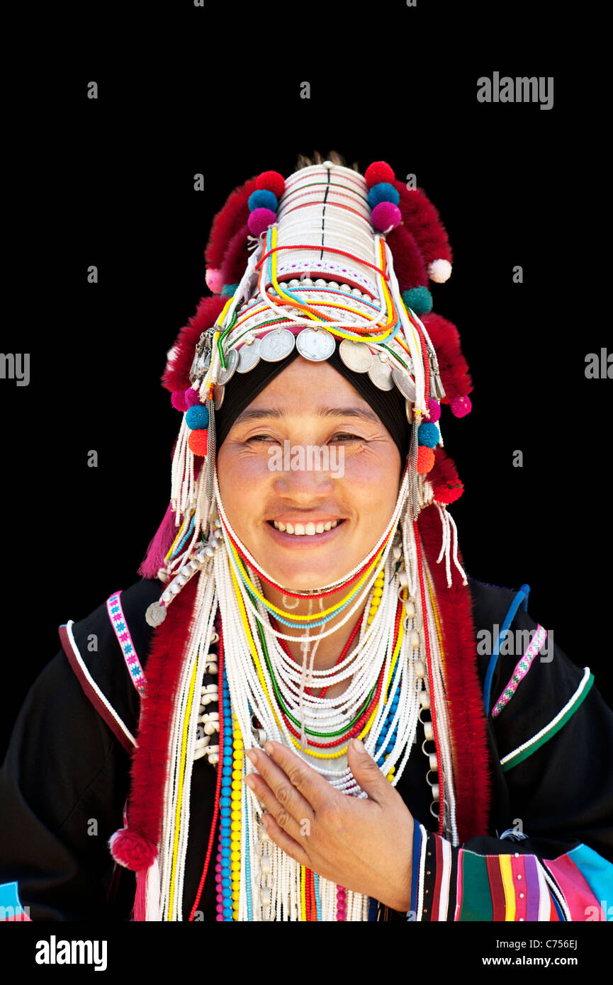 Akha woman wearing a traditiona UloAkha costume in Chiang Rai, Thailand ...