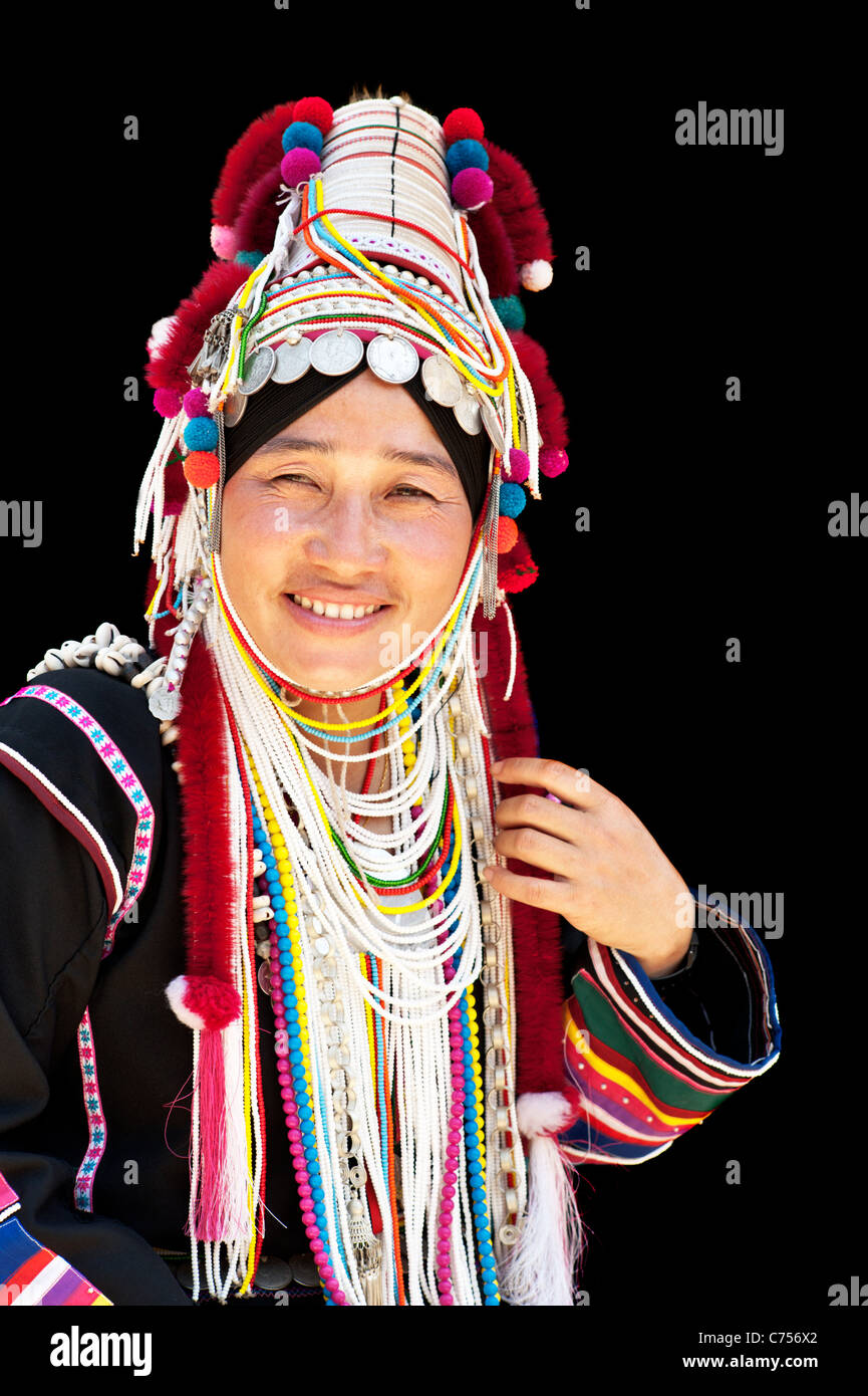 Akha woman wearing a traditiona UloAkha costume in Chiang Rai, Thailand ...
