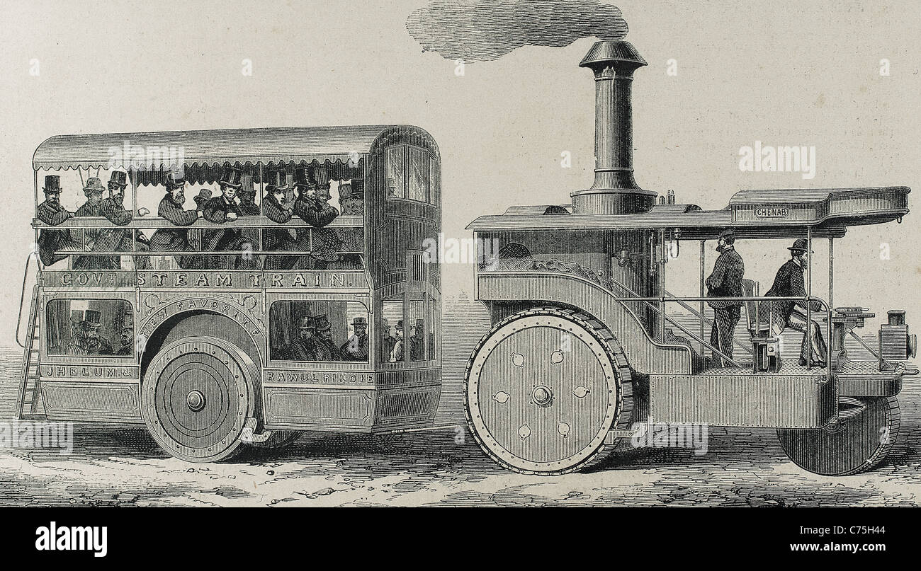 England. Bus powered by steam locomotive. Engraving in "The Spanish and ...