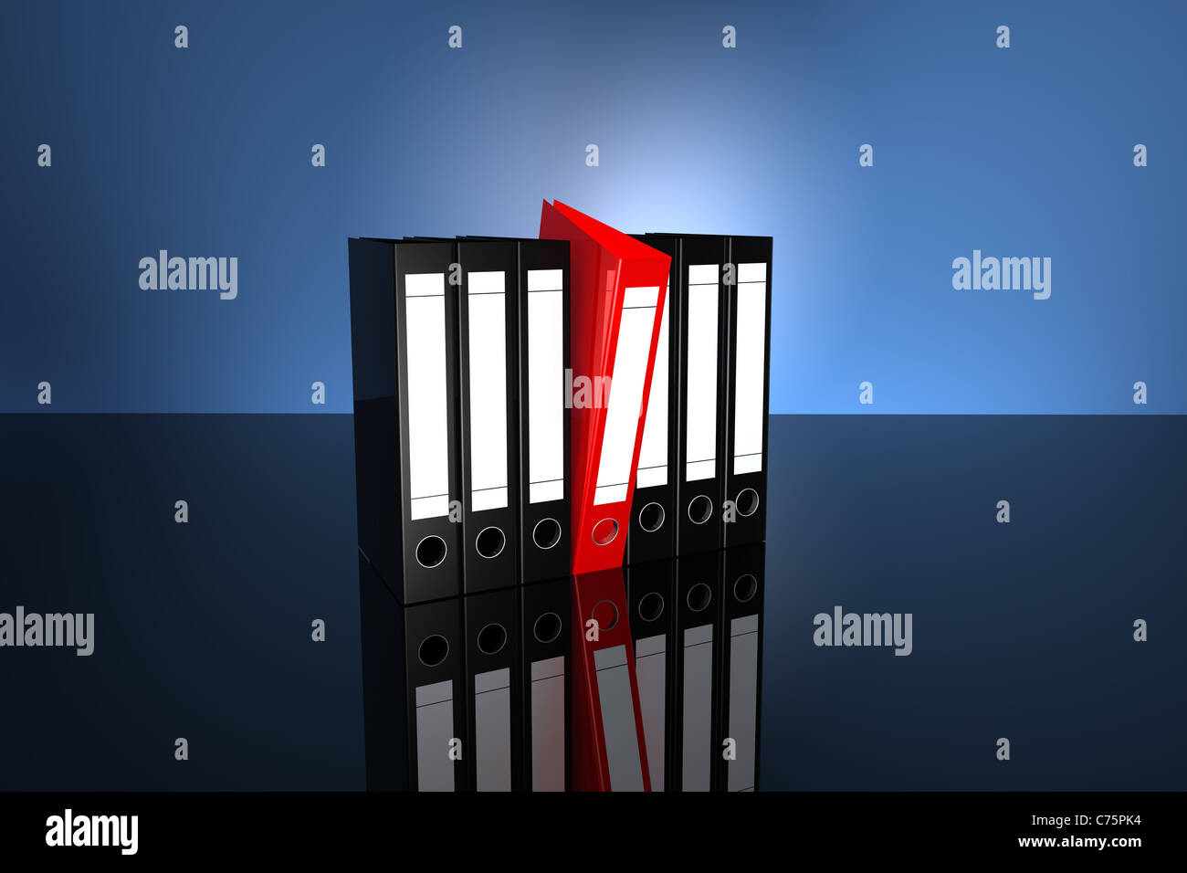 3d illustration of seven archive folders with one red archive folder in ...