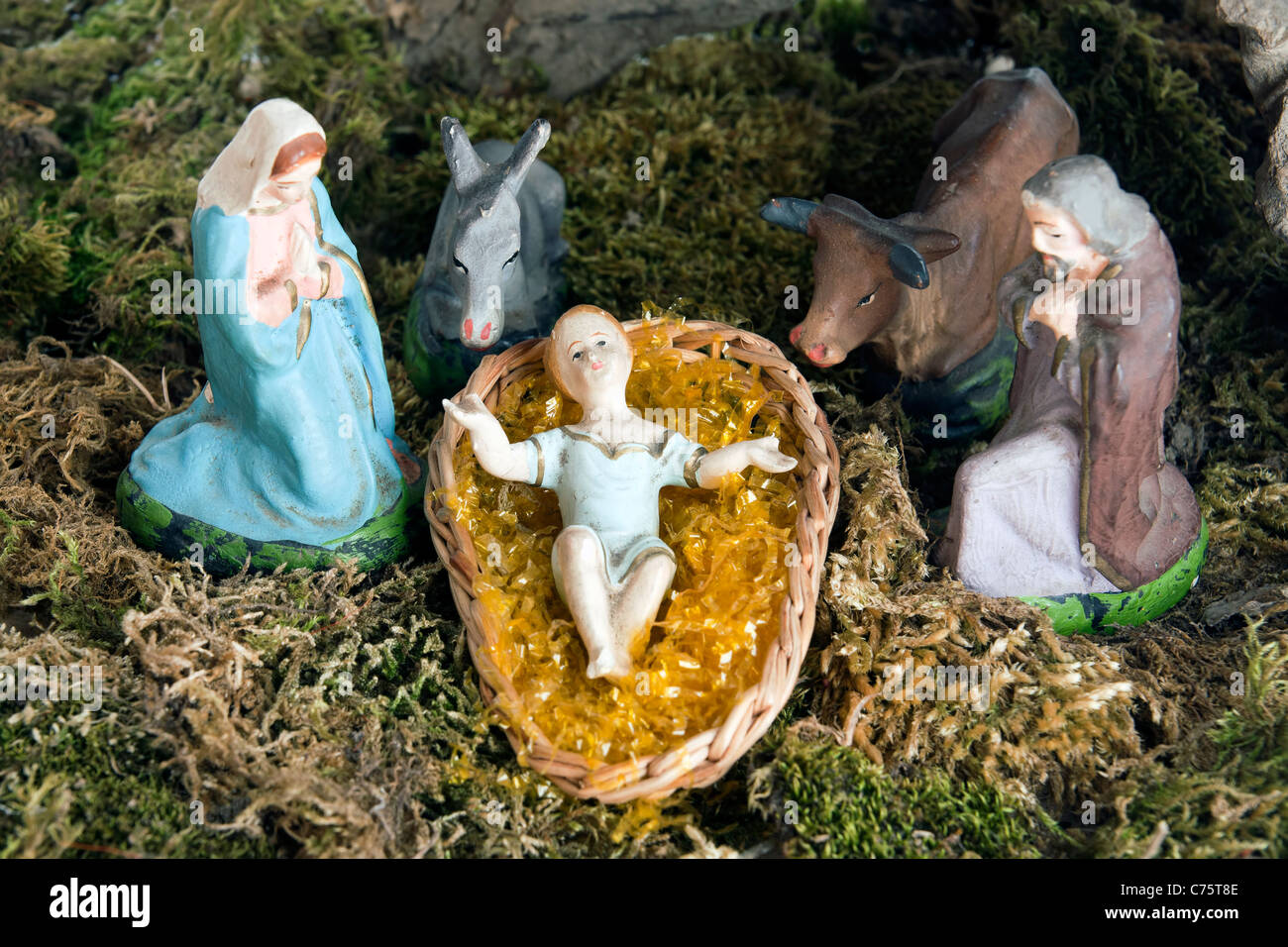 nativity scene with vintage hand-made figures , close up Stock Photo ...