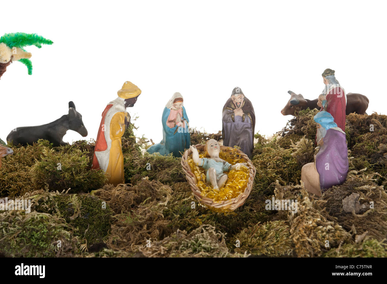 nativity scene with vintage hand-made figures Stock Photo - Alamy