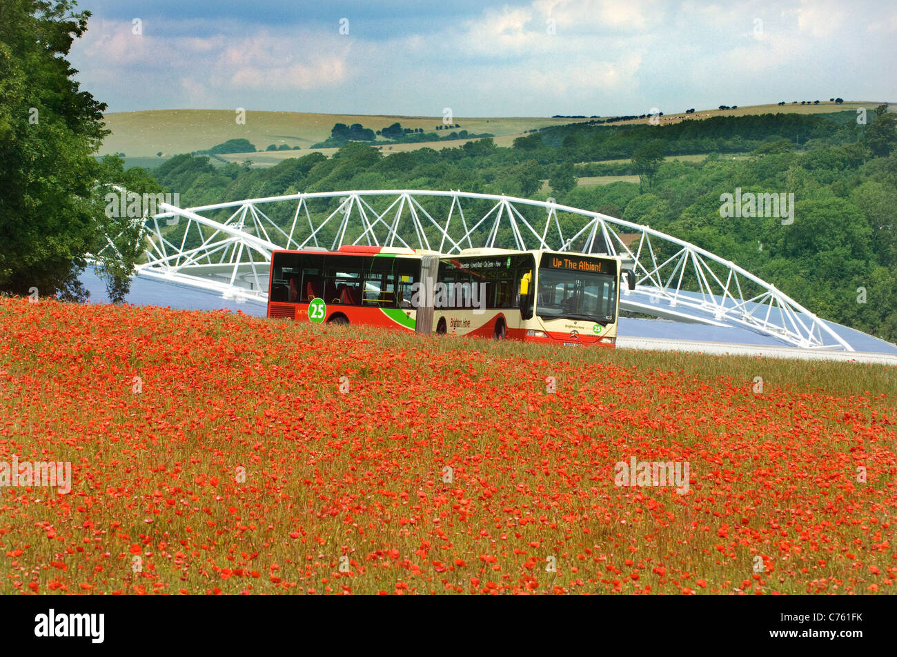 A bendy bus in front of the new Brighton and Hove FC Amex Stadium. The ...