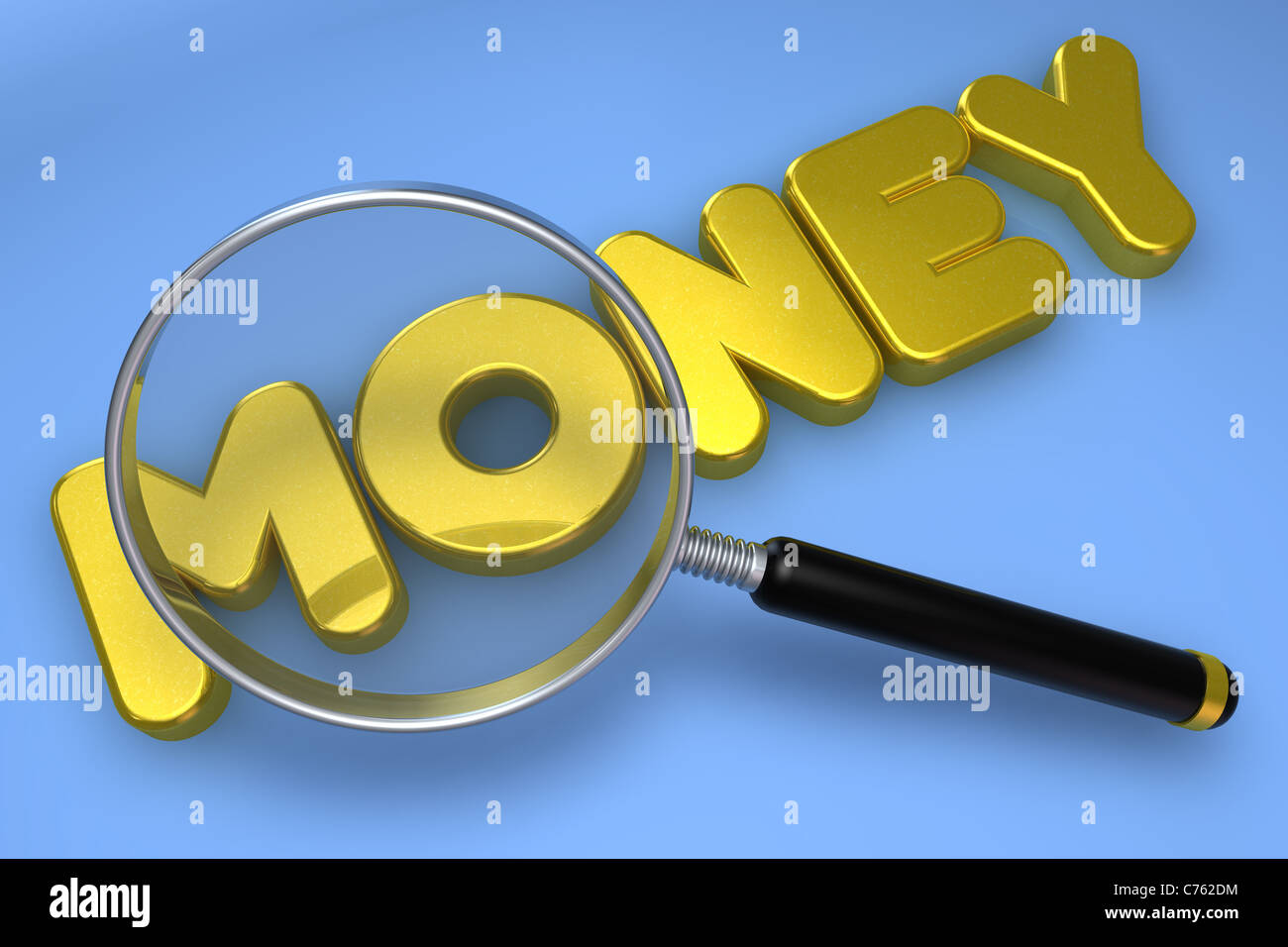 Money letter in gold with magnifying glass Stock Photo - Alamy