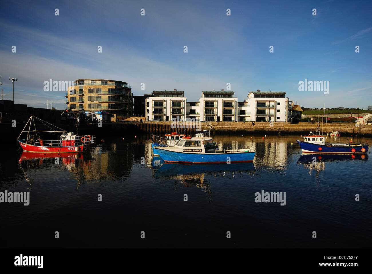 Modern buildings in the small Dorset fishing harbour of West Bay Dorset ...
