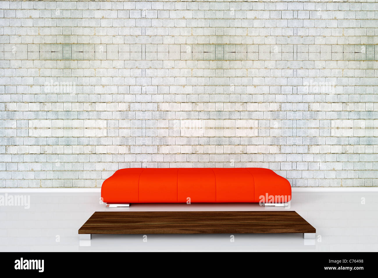 Red couch on white brick wall with empty wooden table Stock Photo - Alamy