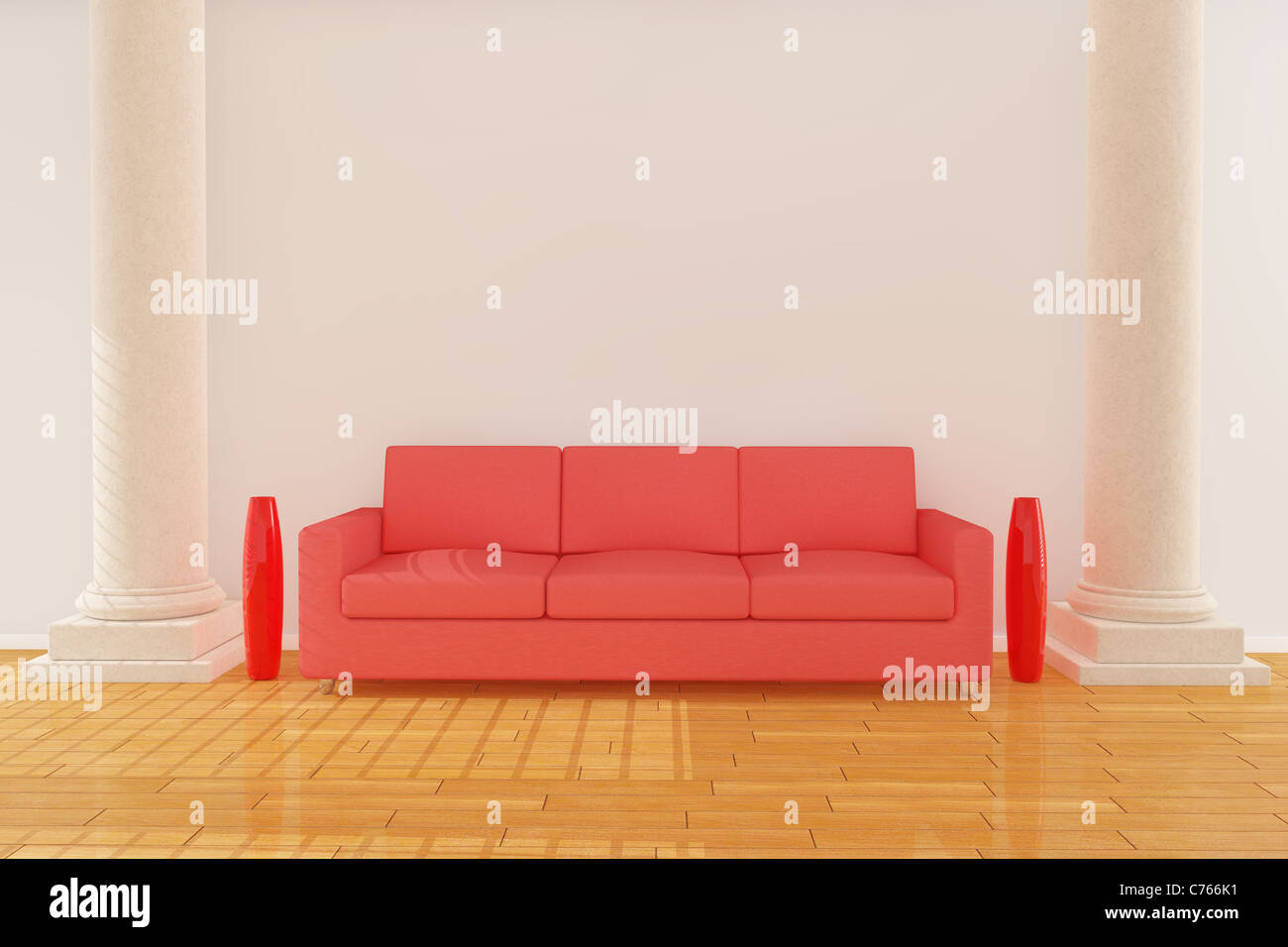 Three dimensional rendering red sofa with two column Stock Photo - Alamy